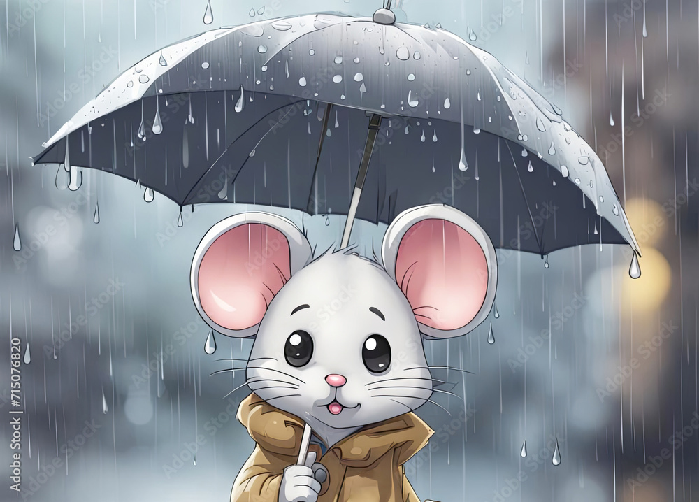 Cute white mouse in the rain under a gray umbrella Stock Illustration ...