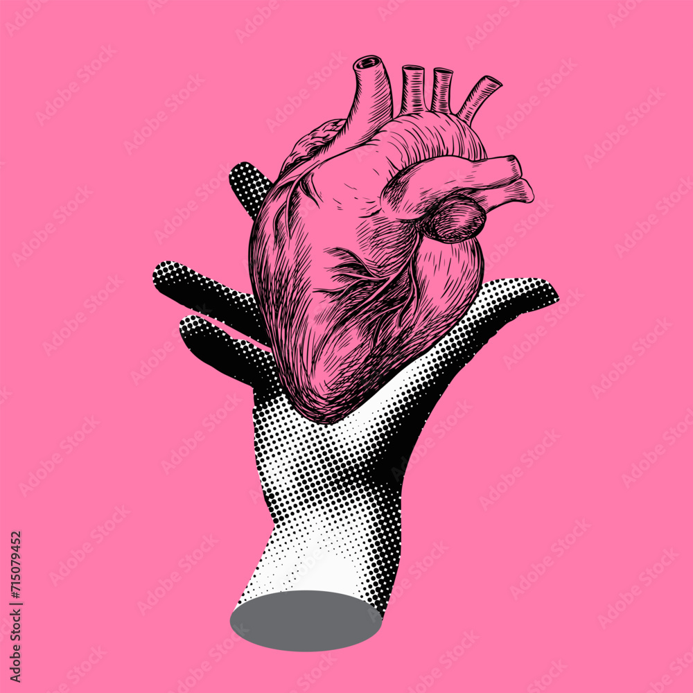 Pop art style collage. Halftone hand holding heart. Sketch style heart ...