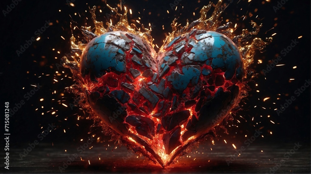 Exploding heart, happiness, dark ambiance with free space around ...