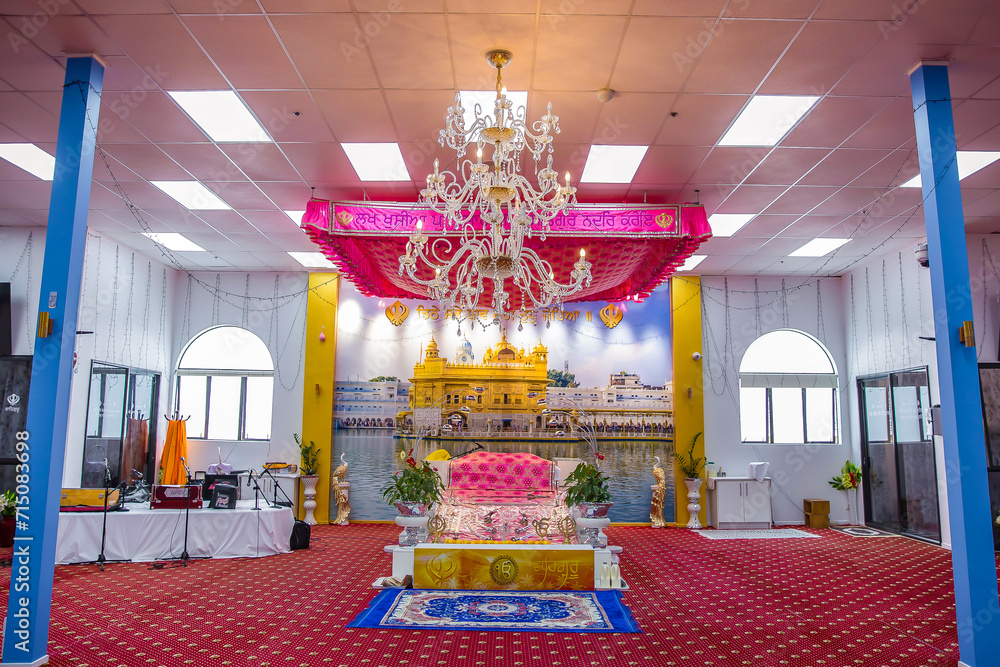 Indian Punjabi Sikh gurudwara temple interiors and ritual items Stock ...
