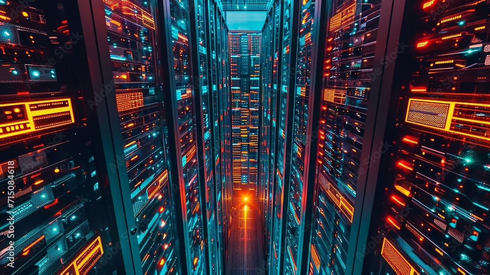 bird's-eye view, array of secure servers in a data center, top view in ...