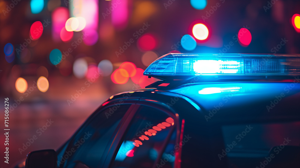 Police Car Lights Illuminating Night City Street. The top of a police ...