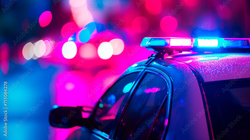 Police Car Lights Illuminating Night City Street. The top of a police ...