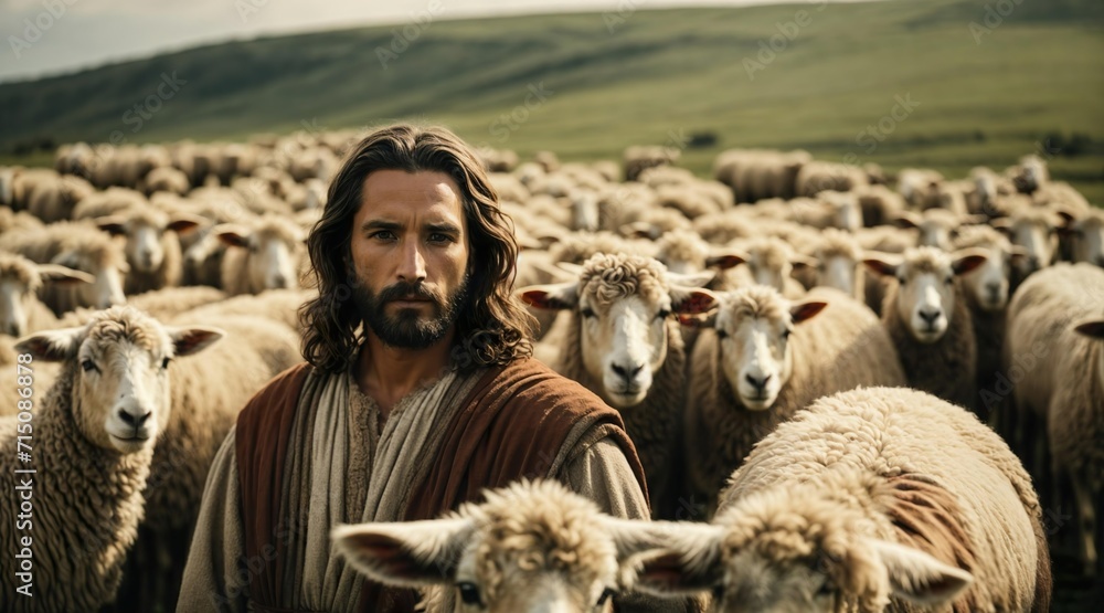 Jesus Christ and his disciples tending a flock of sheep. Generative AI ...