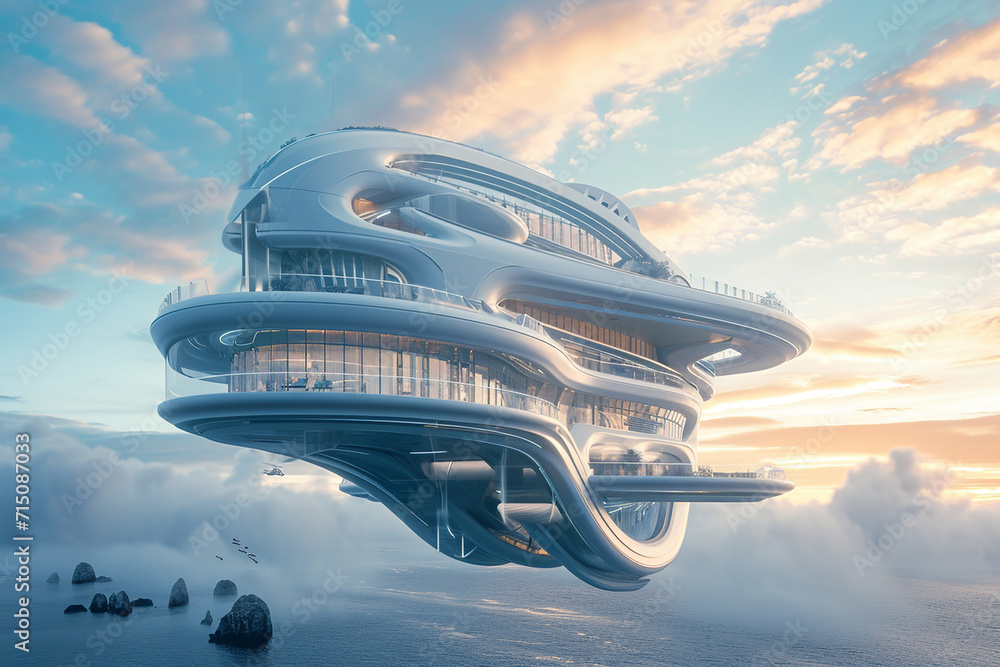 A futuristic building design incorporating levitating architectural ...