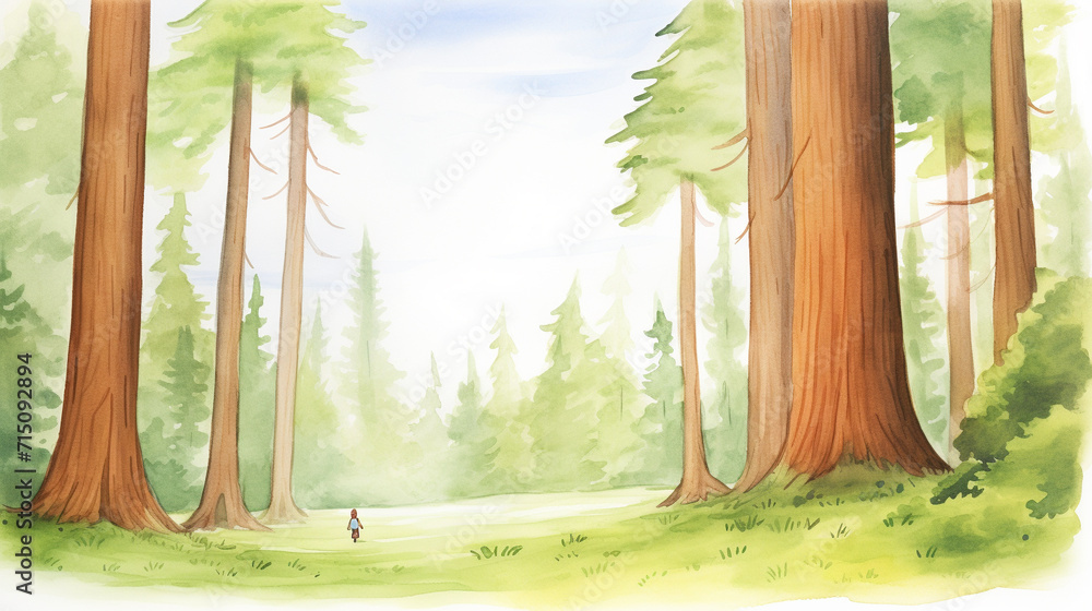 Alone under massive trees of Redwood National Park cartoon drawing, AI ...