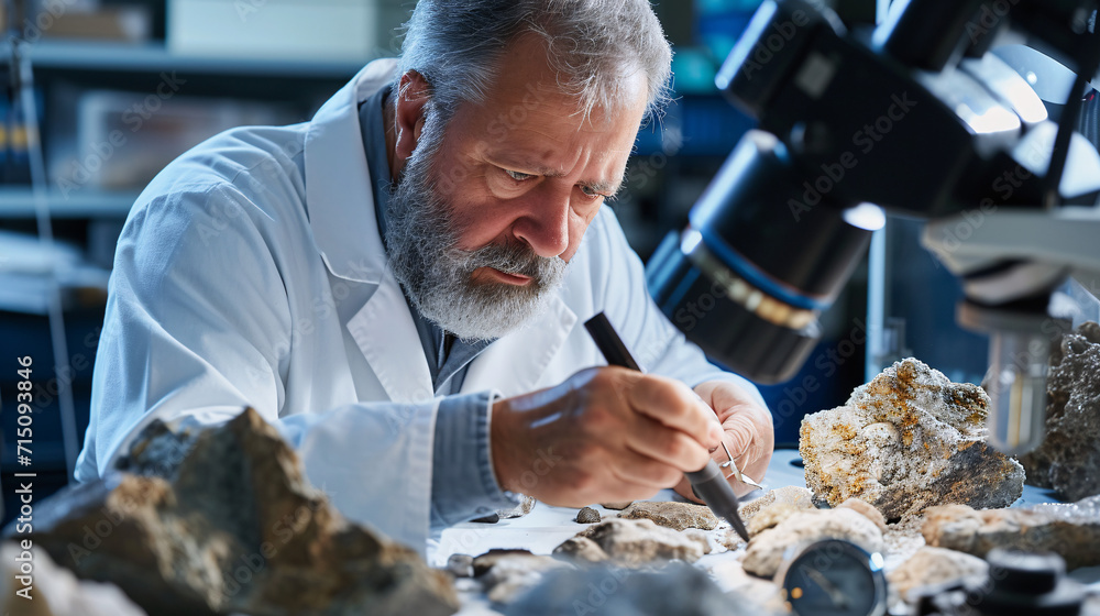 Scientist examining geological samples under a microscope. Research and ...