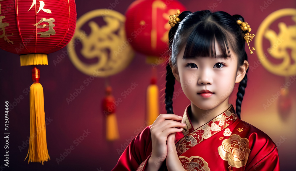 portrait asian girl wearing a cheongsam, chinese vew year's eve ...