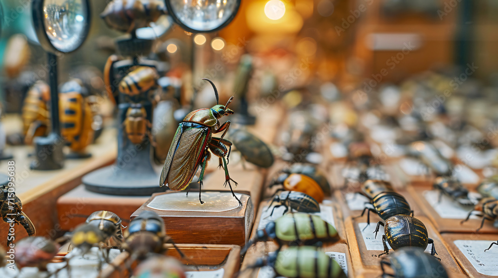 Exotic beetle on display in entomology collection. Close-up of insect ...