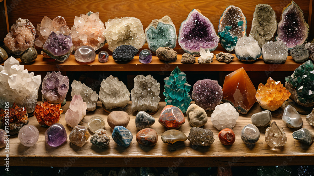 Extensive collection of various gemstones and minerals. Display for ...