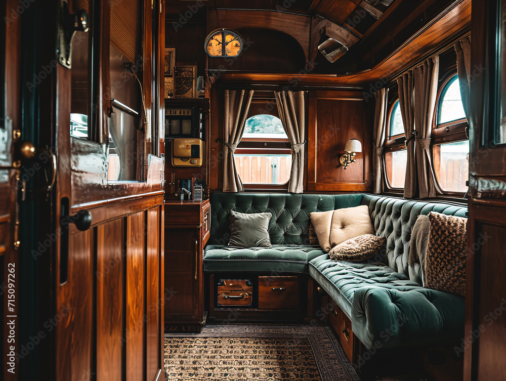 Vintage train compartment interior. Luxury railway travel concept for ...