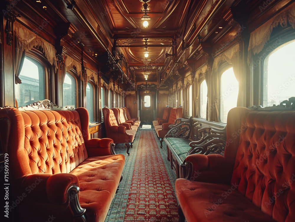Classic luxury train interior with plush red seating. Vintage railway ...