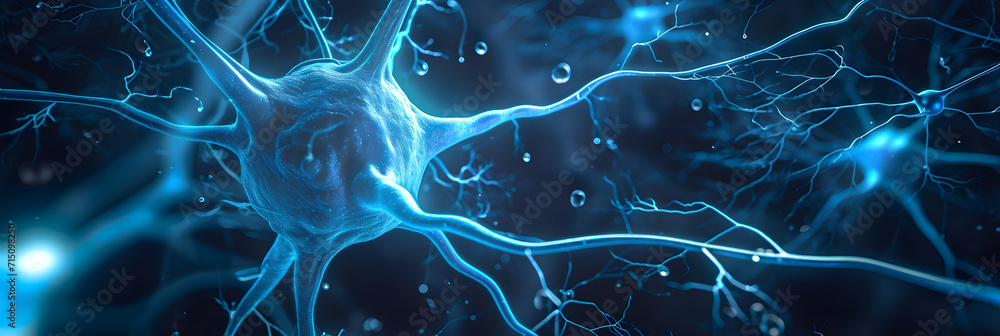 Nerve cell blue color banner, system neuron of brain with synapses ...