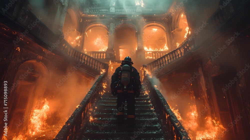 firefighter in the middle of a burning stairwell. fire in the dark ...
