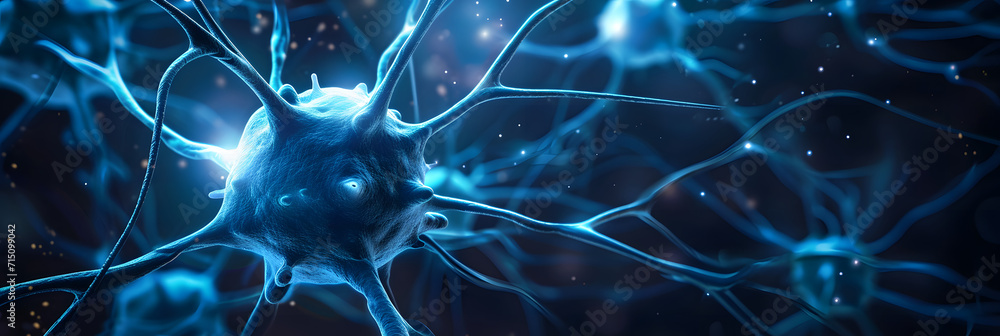Nerve cell blue color banner, system neuron of brain with synapses ...