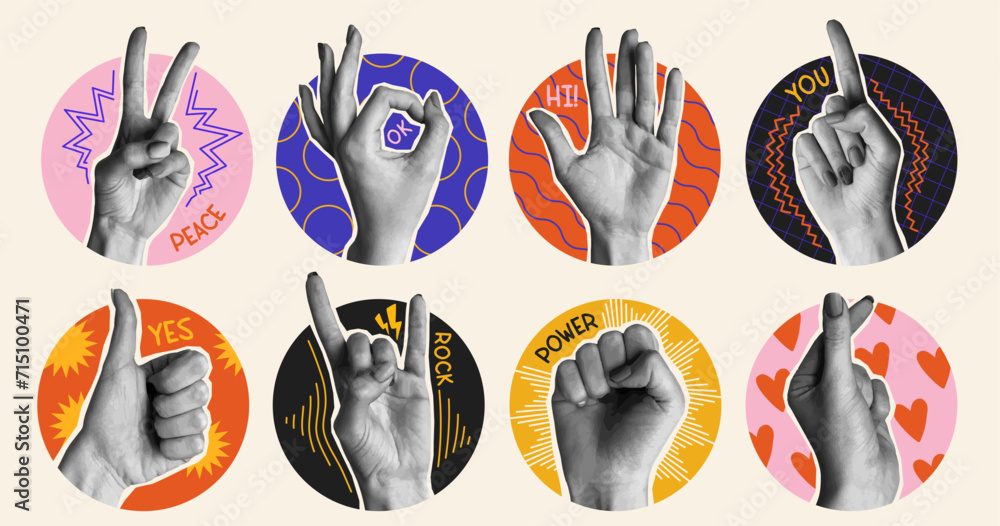 Set of different hand gestures. Thumbs up, hi, peace, love, ok and rock. Body language to ...