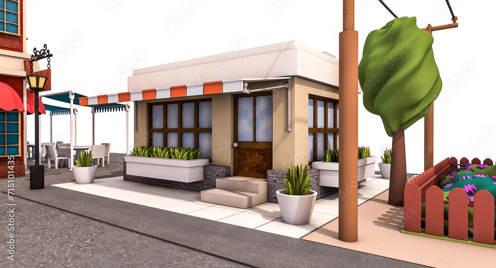3D rendering of stylized cartoon little town environment with a tiny ...