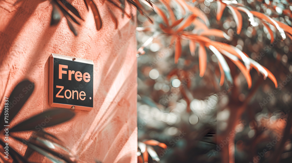 Free Zone sign on coral wall with tropical foliage. Urban oasis concept ...