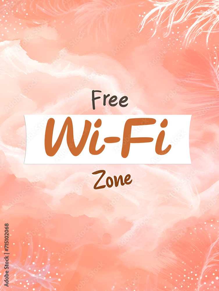 Free Wi-Fi Zone sign on peach fuzz watercolor. Coral abstract background with Wi-Fi promotion ...