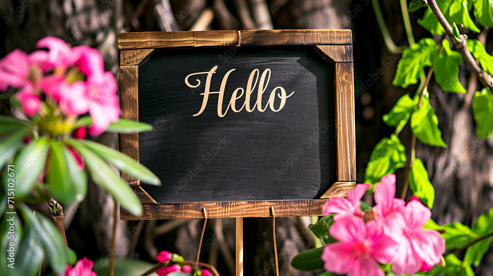 Wooden welcoming sign with text "Hello" and big pink flowers blooms ...