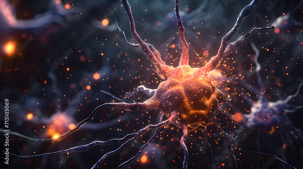 Neurological brain cell cluster, firing neurons on dark background ...