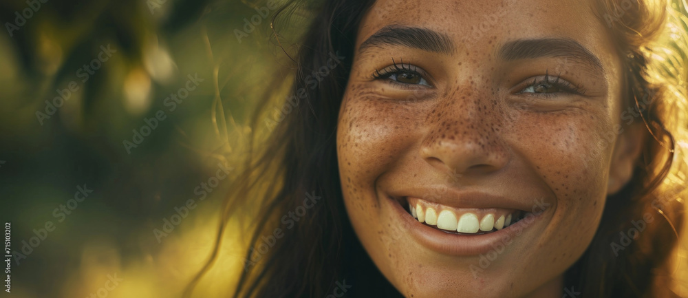 Sun-kissed smile of a young woman, her freckles a map of joyful summers ...
