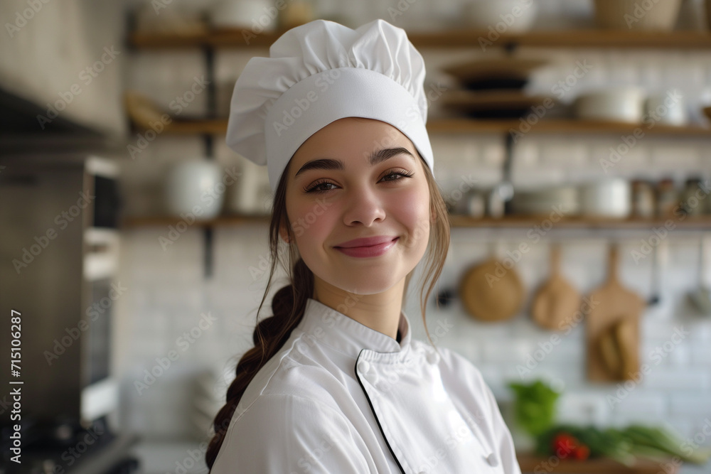 A friendly looking female chef looks friendly. Her gaze is focused as ...