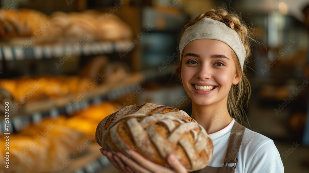 A trainee in a bakery branch looks friendly. Her face radiates a ...