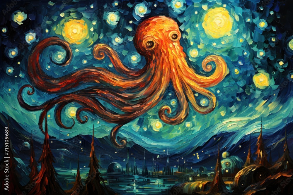 a painting of an octopus floating in the air with stars in the sky ...