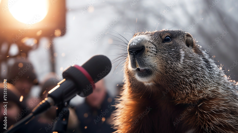 Cute groundhog making weather prediction, speaking in a microphone ...