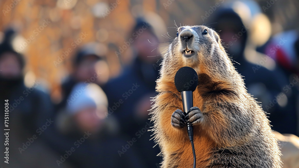 Cute groundhog making weather prediction, speaking in a microphone ...