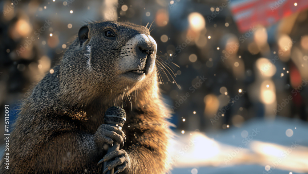Cute groundhog making weather prediction, speaking in a microphone ...