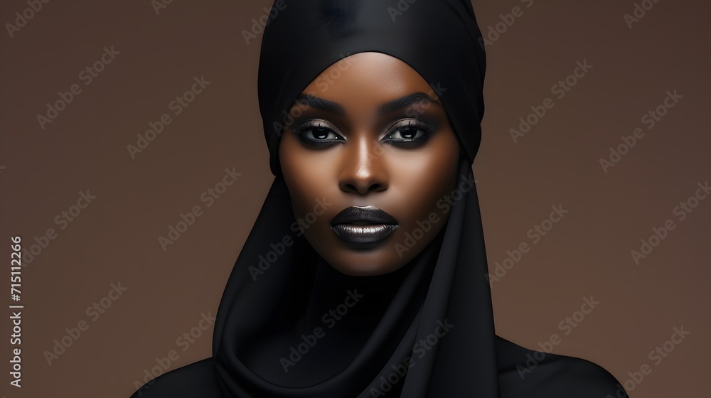 Beautiful elegant black model close up with head dress on dark grey ...