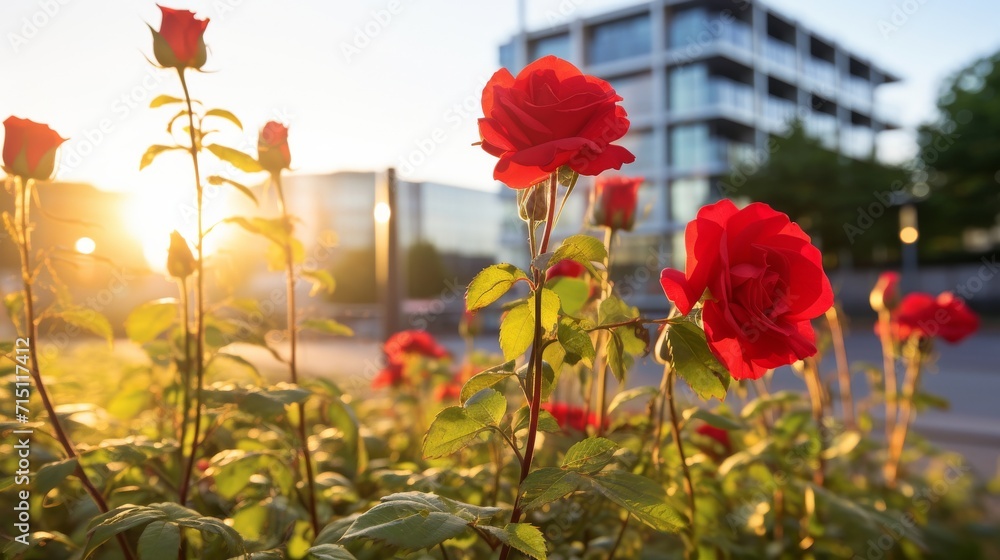 red roses, growing wild, catching early morning sunshine with modern ...