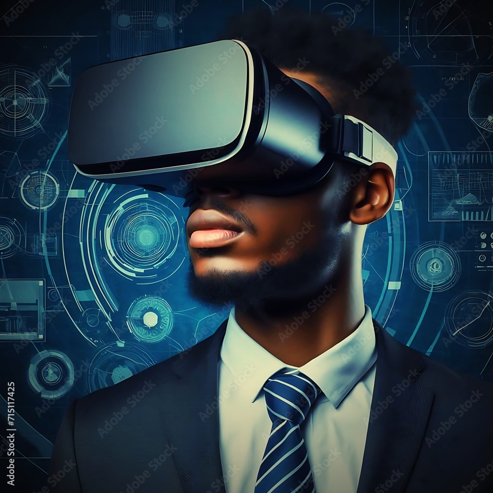 Man Virtual Reality VR Goggles Futuristic innovation. A suited man with ...
