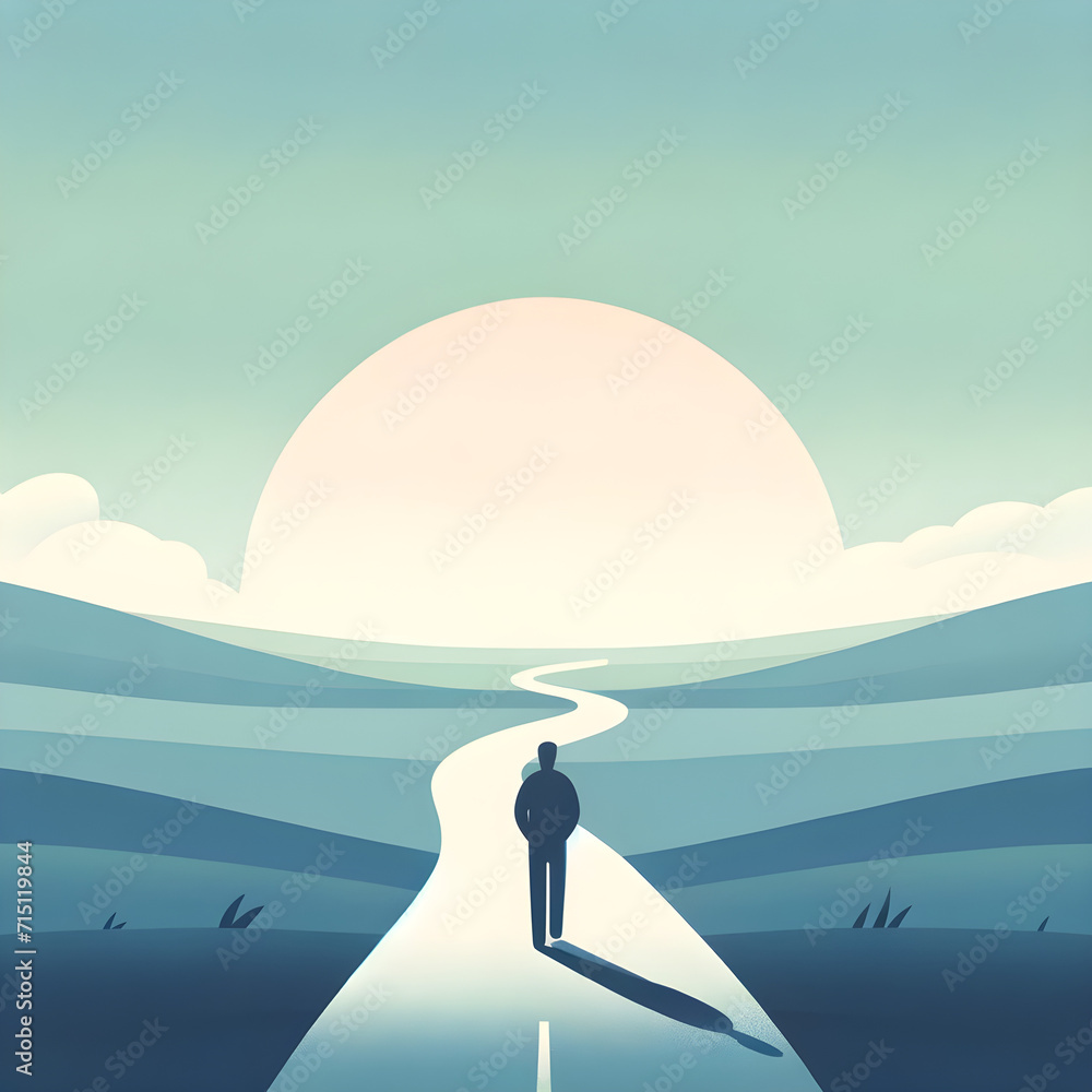 Solitary Figure on Path to Sunset Vector Illustration - Concept of ...