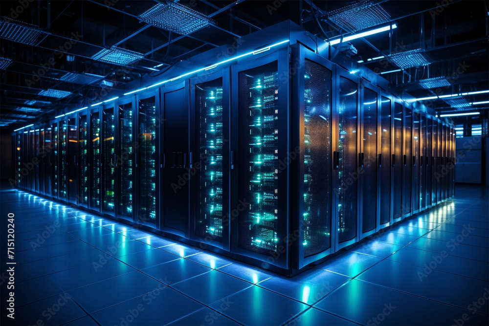 Server racks for modern data centers in a dark room with visual effects ...