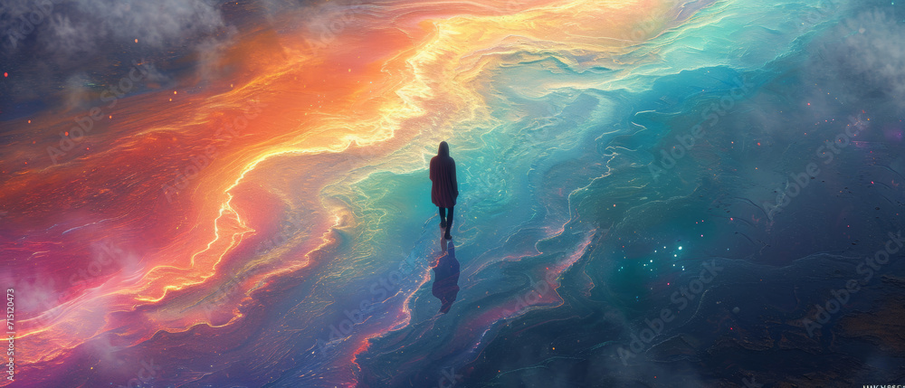 Solitary man walking on an iridescent lake. Surreal illustration, sense ...