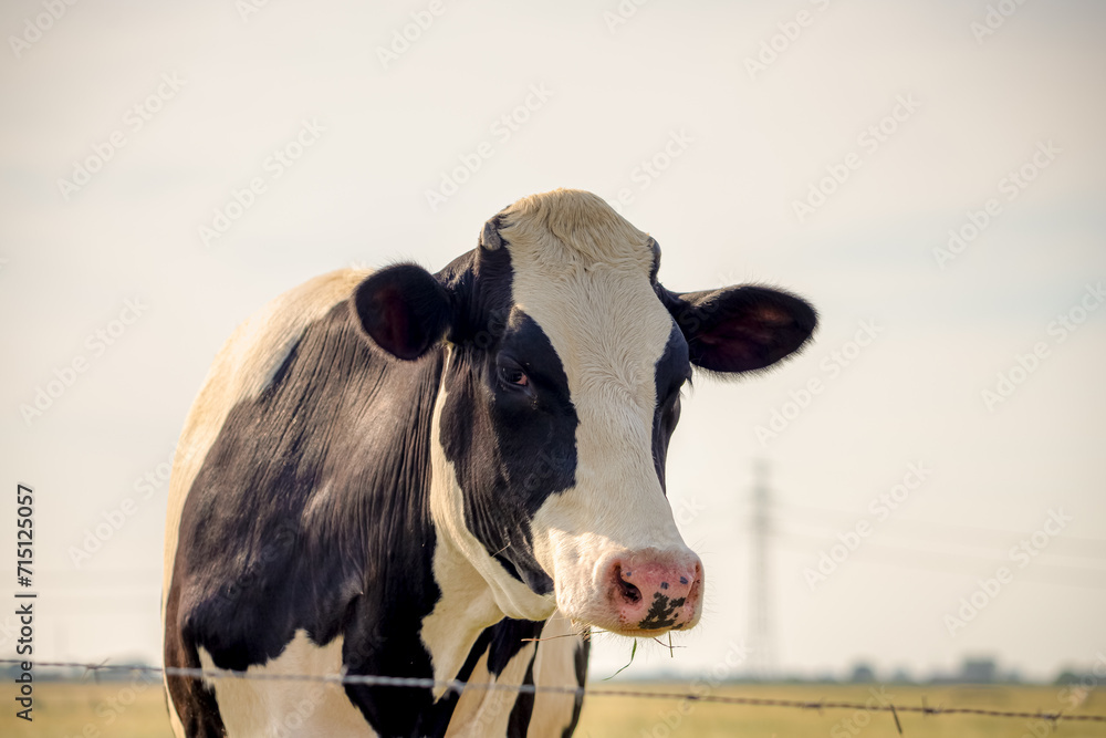 Selective focus face of black and white Dutch cow standing on green ...