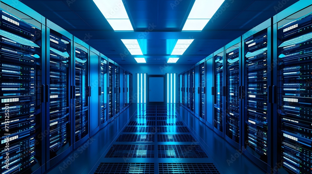 data center with colored lights on the floor server room. light tunnel ...