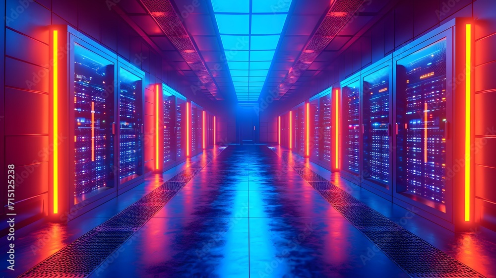 data center with colored lights on the floor server room. light tunnel ...