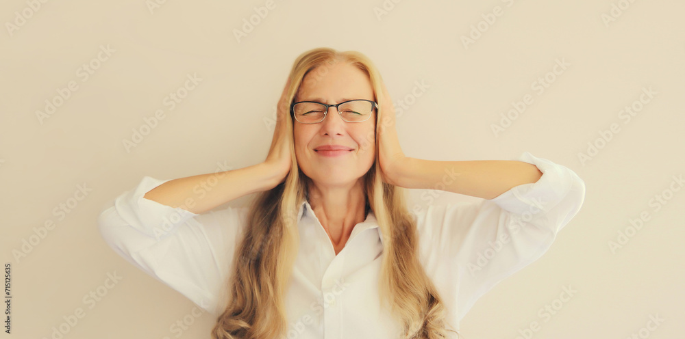 Exhausted tired caucasian middle-aged woman employee with headache or ...