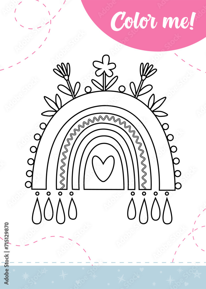 Coloring page for kids with cartoon boho rainbow. A printable worksheet ...