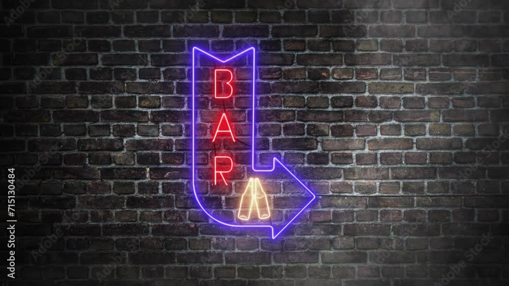 Red bar signboard with blue arrow neon signboard on bricks wall ...