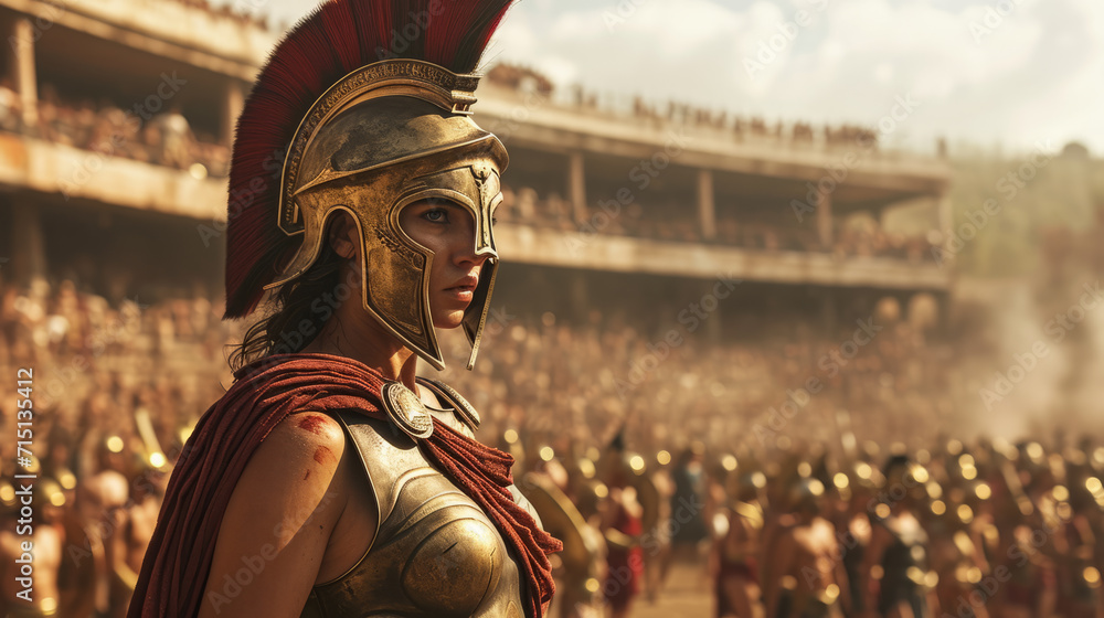 Female Spartan commander with golden helmet and her army in the arena ...