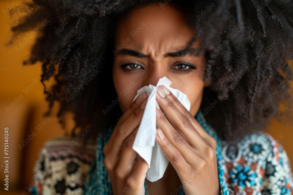 Woman blowing nose with a tissue, casually dressed, candid background ...