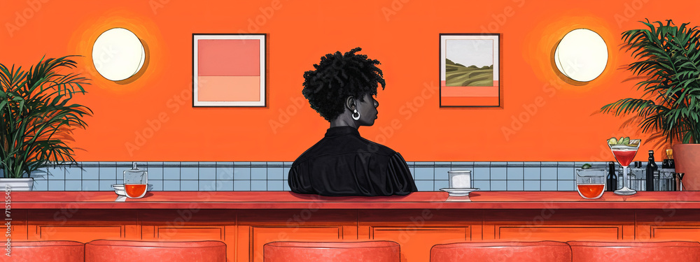 Drawing of Woman Sitting at Bar, Intimate Depiction of Social Setting ...