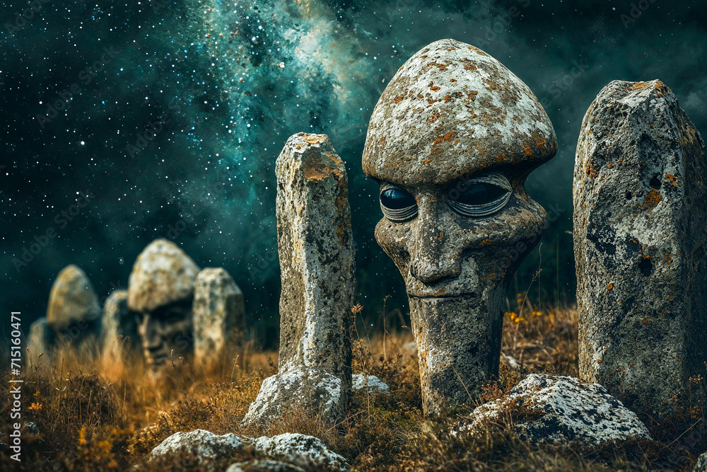 Megalithic stone sculpture of alien extraterrestrial head, sci fi ...