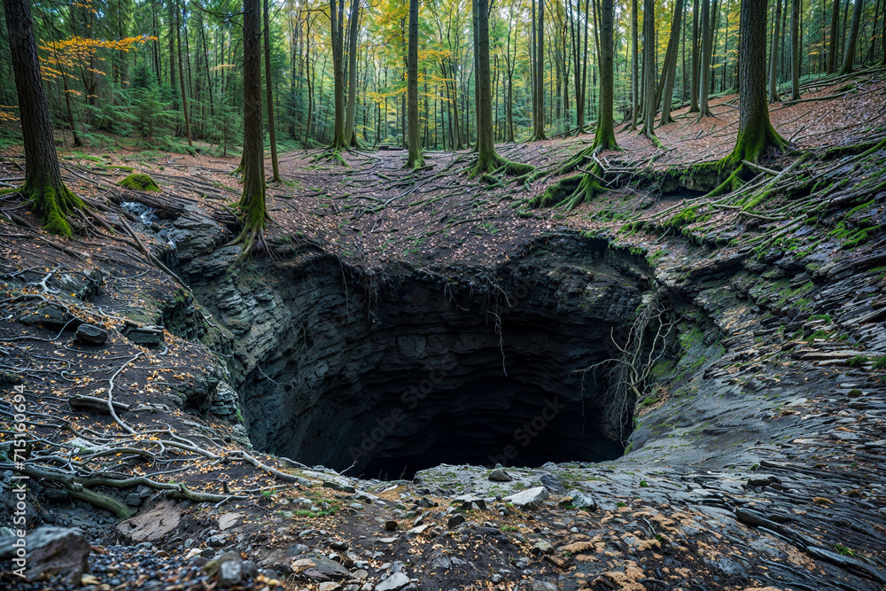 Large hole of unknown depth in the forest woods, entrance to the hollow ...