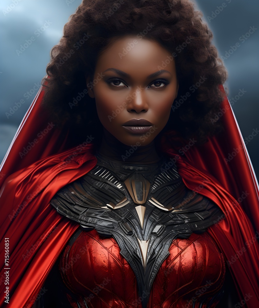 Black woman, superhero cape and portrait in studio, blue background and ...